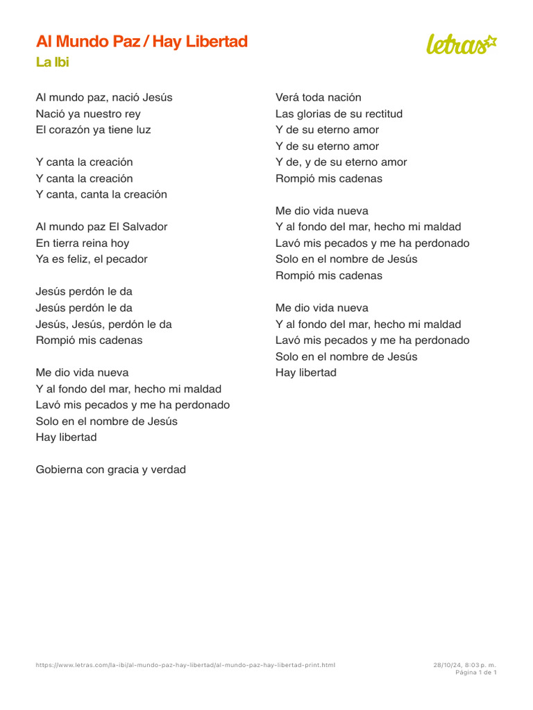 Al Mundo Paz - Hay Libertad - La Ibi (Letras) | PDF