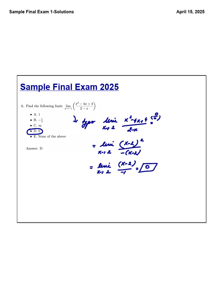 Sample Final Exam 1-Solutions | PDF