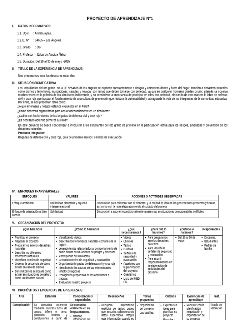 6° - Grado Proyecto de - Aprendizaje - # - 01 | PDF | Defensa Civil | Información