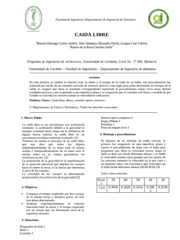 Informe Caida Libre | PDF | Masa | Fuerza