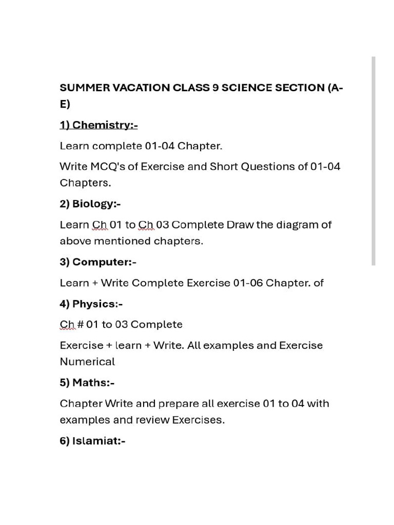Class 9 Summer Vacation | PDF