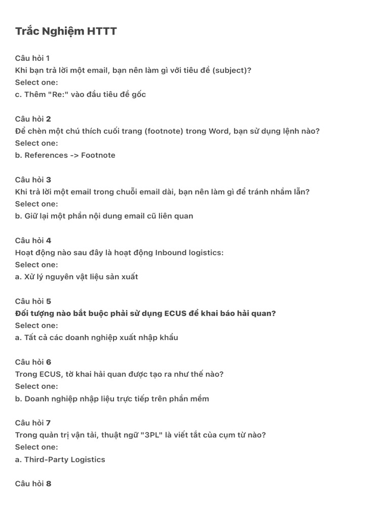Trắc Nghiệm HTTT 2 | PDF