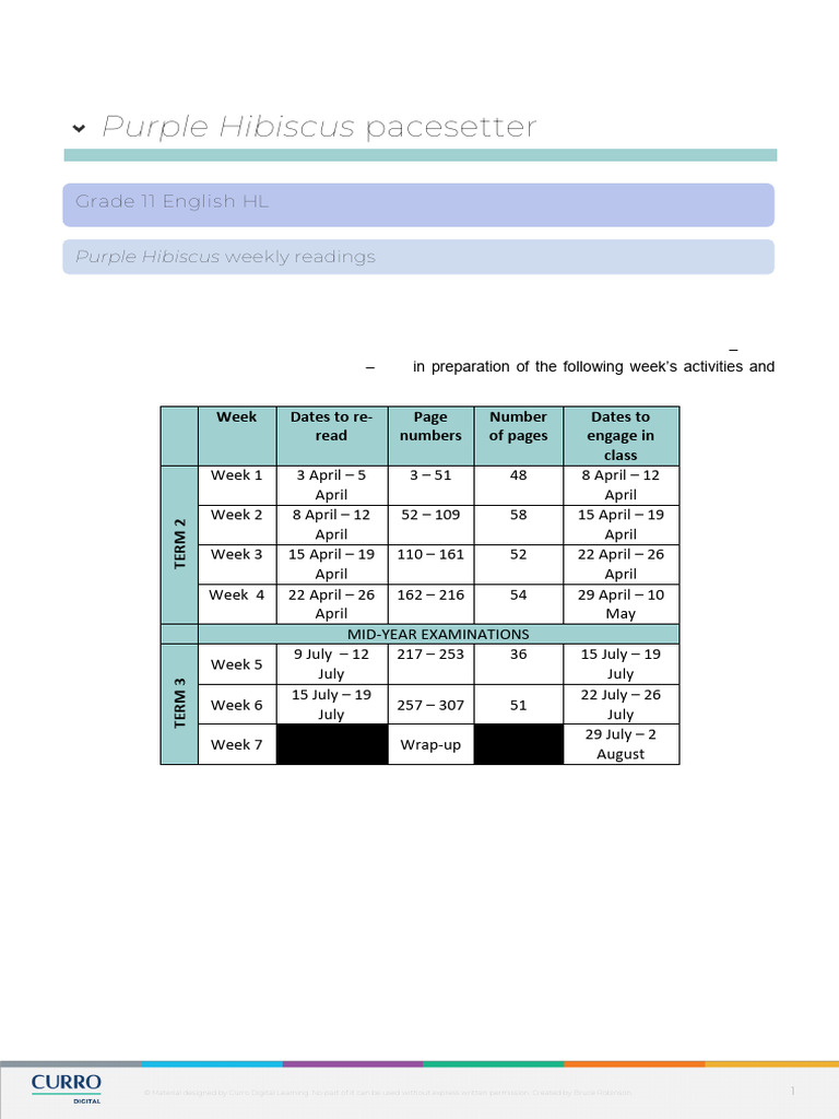 Purple Hibiscus Reading Schedule | PDF