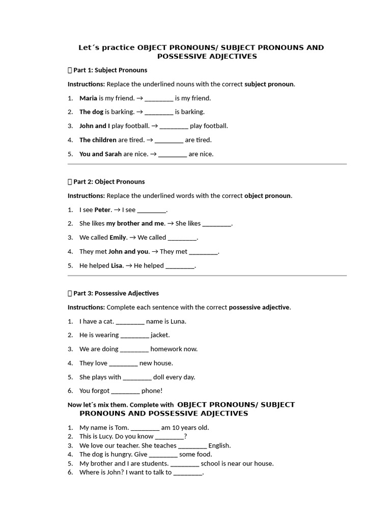 Object Pronouns and Subject Pronoun | PDF | Pronoun | Adjective