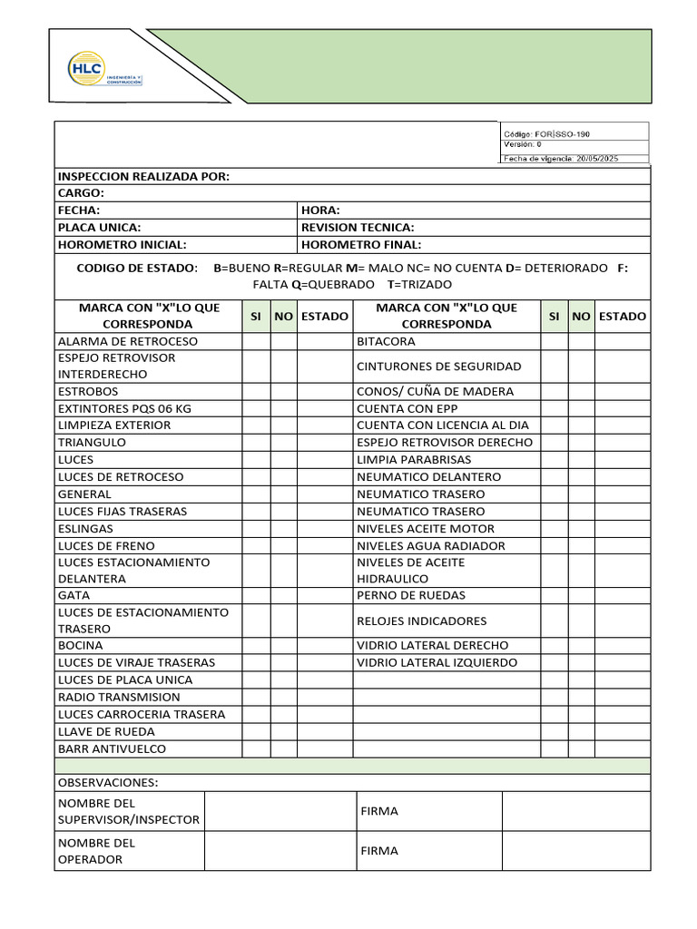 Checklist Preuso Minicargador Bobcat | PDF | Vehículos terrestres ...