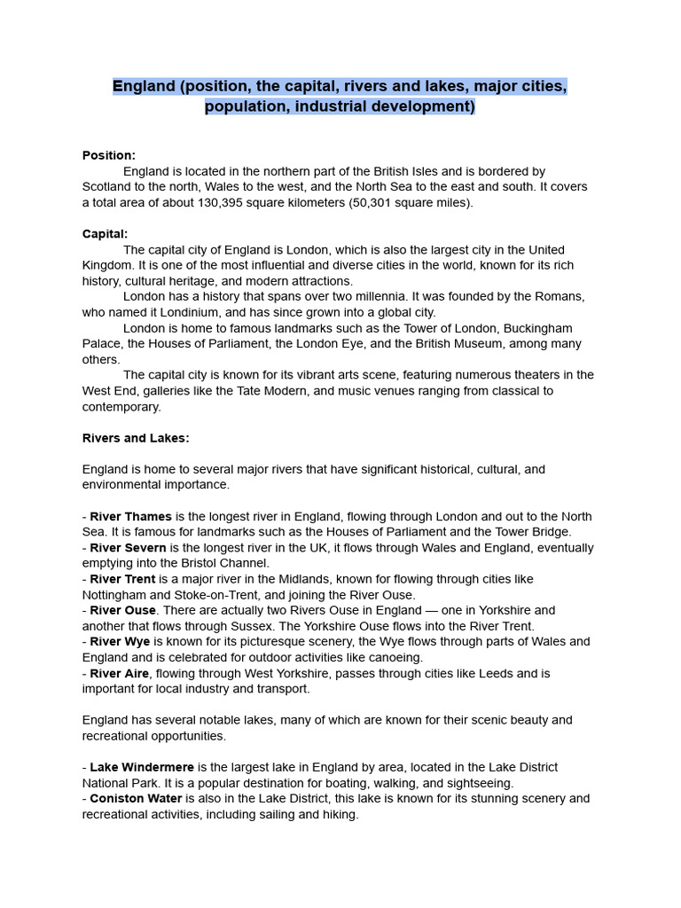 England (Position, The Capital, Rivers and Lakes, Major Cities ...