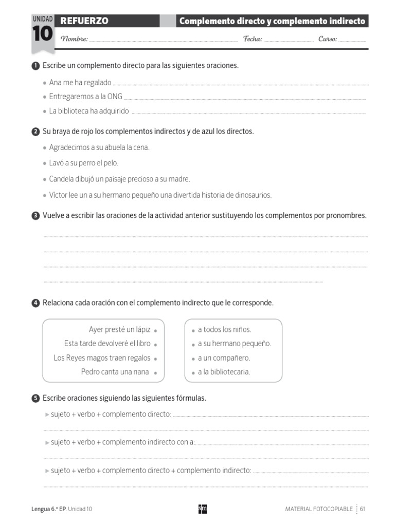 Ejercicios de Complemento Directo e Indirecto | PDF
