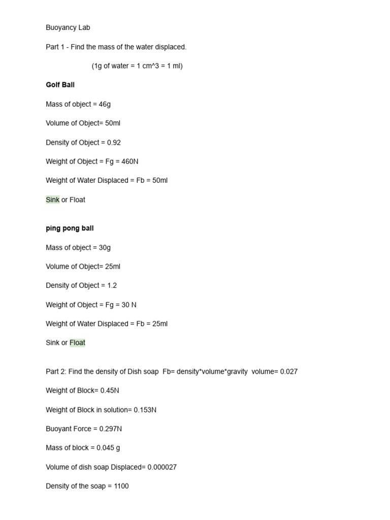 Buoyancy Lab Experiment Analysis | PDF