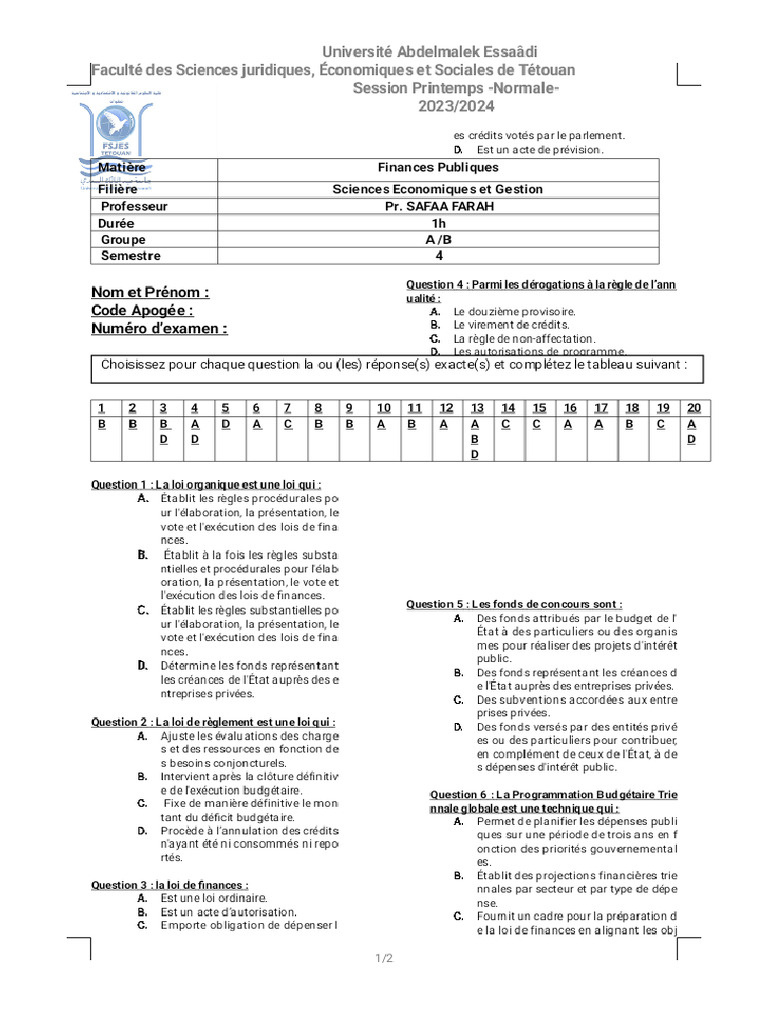 Examens Finances Publiques QCM GROUPE A - B CORRECTION - Phoenix | PDF