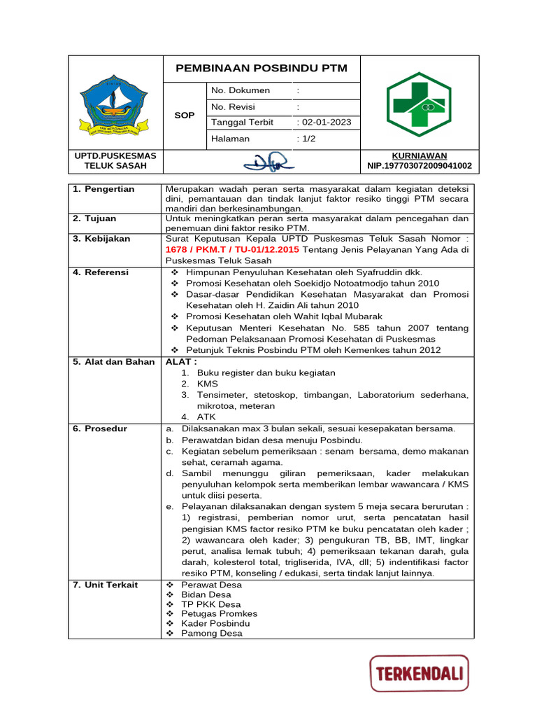Sop Pembinaan Posbindu PTM | PDF