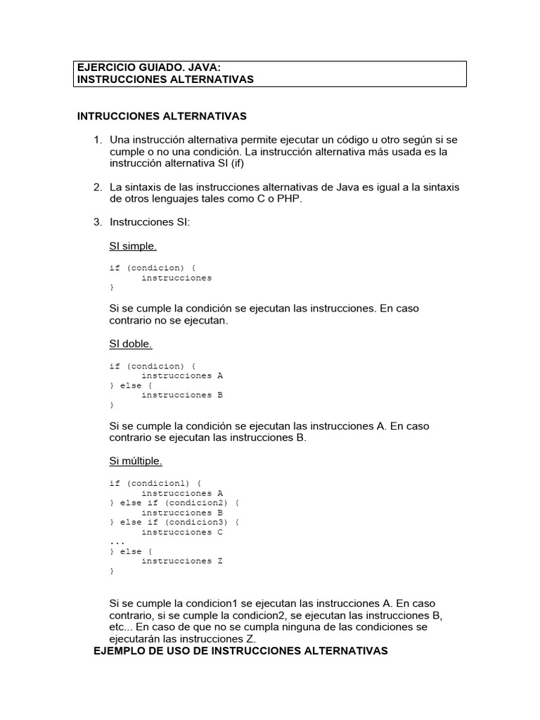 03 Guiados Java Intrucciones Alternativas | PDF | Java (lenguaje de programación) | Flujo de control