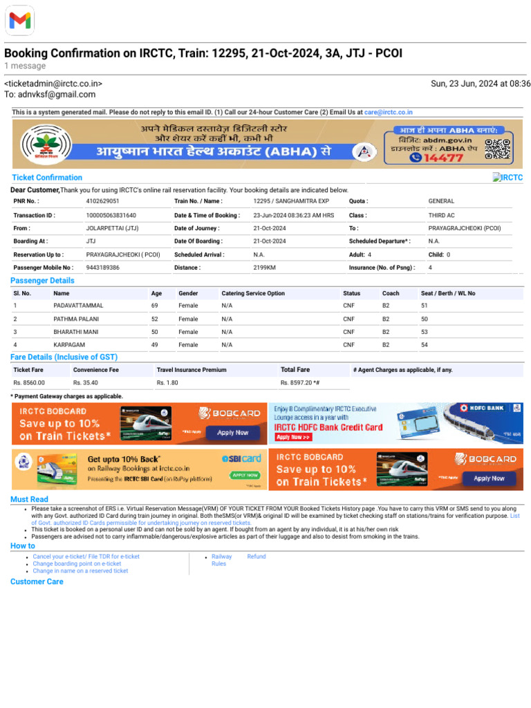 Gmail - Booking Confirmation On IRCTC, Train - 12295, 21-Oct-2024, 3A ...
