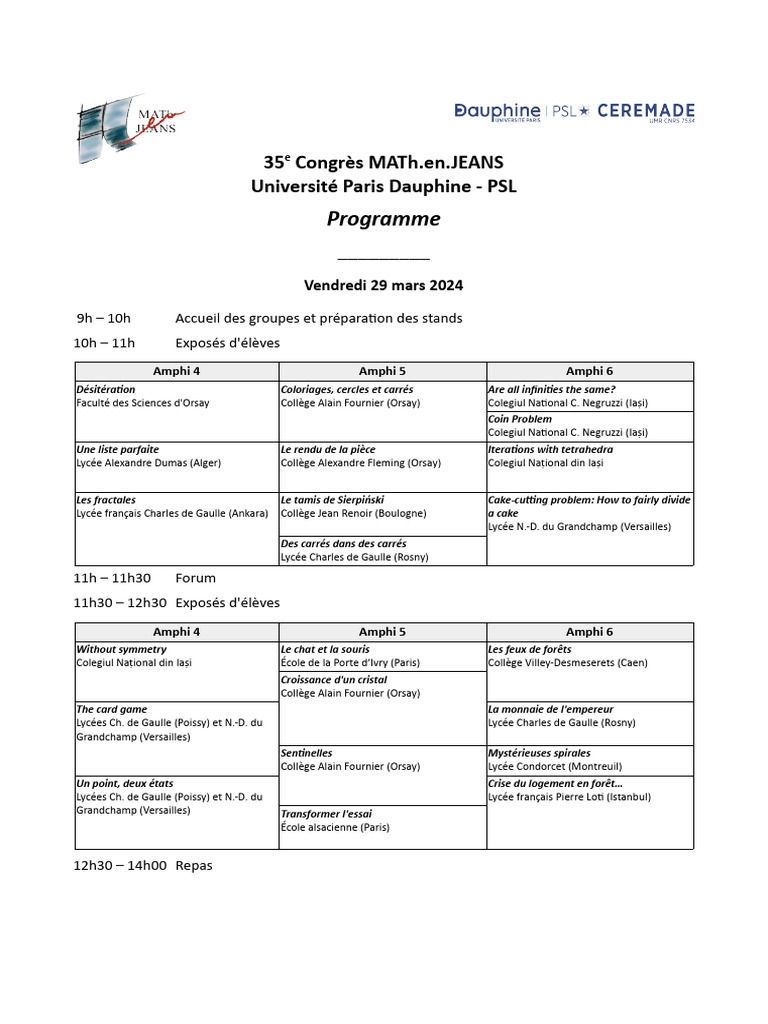 Programme du 35e Congrès MATh.en.JEANS | PDF
