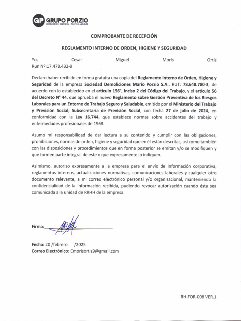 Comprobante de Recepción Cesar Moris O. | PDF