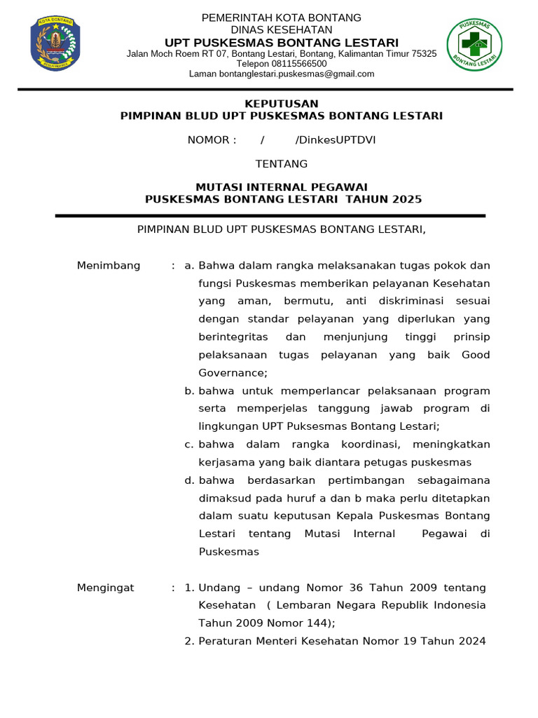 SK Mutasi Internal Tahun 2025 | PDF