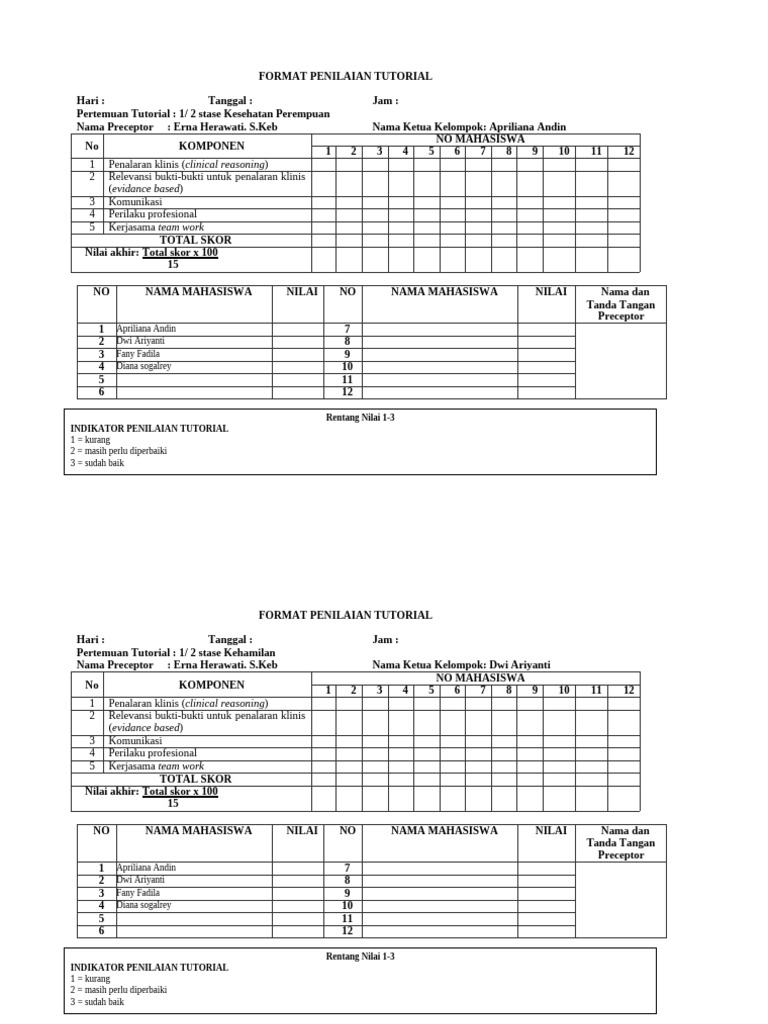 Format Penilaian Tutorial | PDF