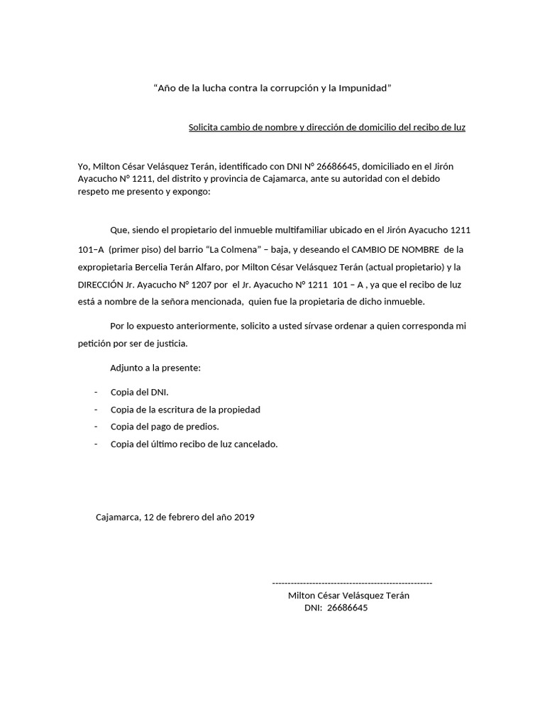 SOLICITUD - Recibo de Luz | PDF