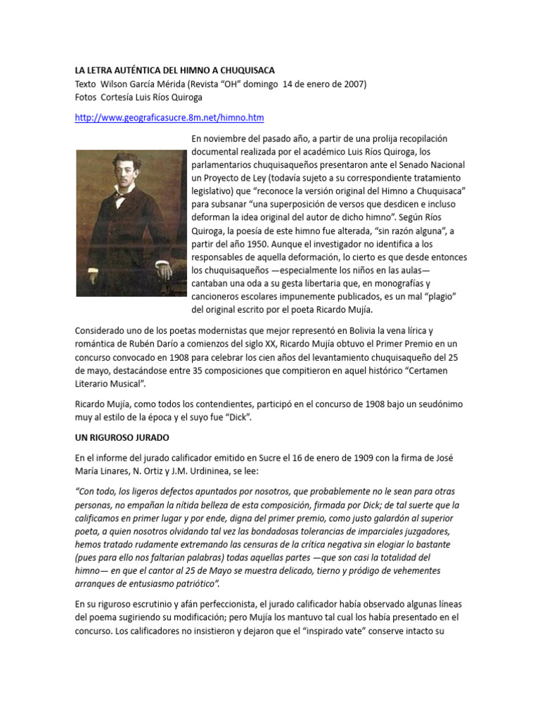 Letra Original del Himno a Chuquisaca | PDF | Himnos