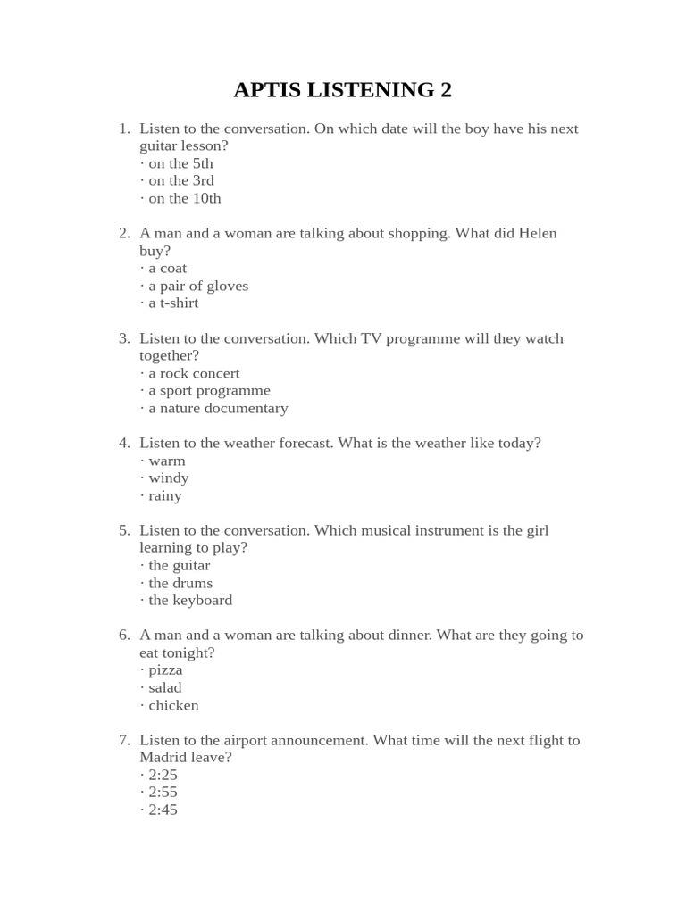 APTIS Listening Practice Exercises | PDF