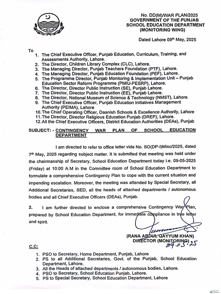 Contingeny War Plan by School Education Department | PDF | Governance ...