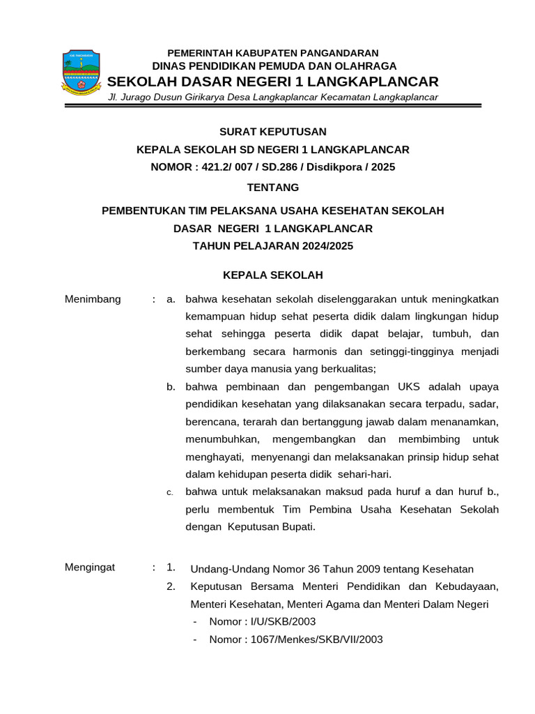 SK Tim Pelaksana Uks 2024 - 2025 | PDF