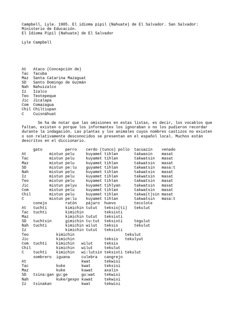 El Idioma Pipil (Nahuate) de El Salvador | PDF