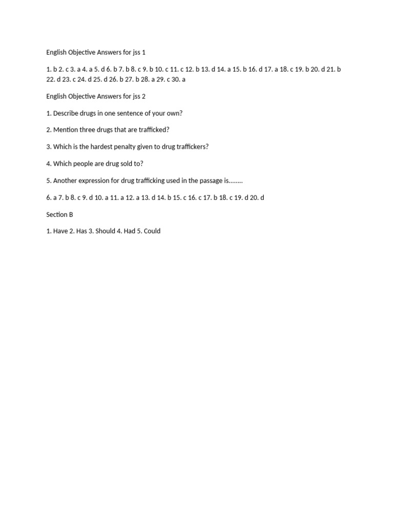 English Objective Answers For Jss 1 and 2 | PDF