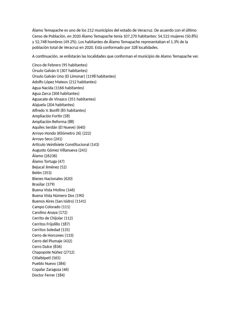Población y localidades de Álamo Veracruz | PDF | Politica de mexico ...