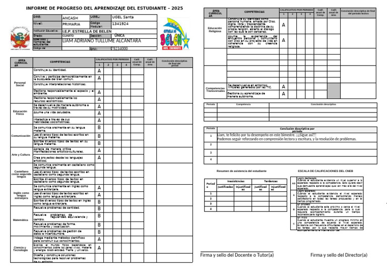 Boleta de Notas - 4to-Liam | PDF | Segundo lenguaje | Aprendizaje
