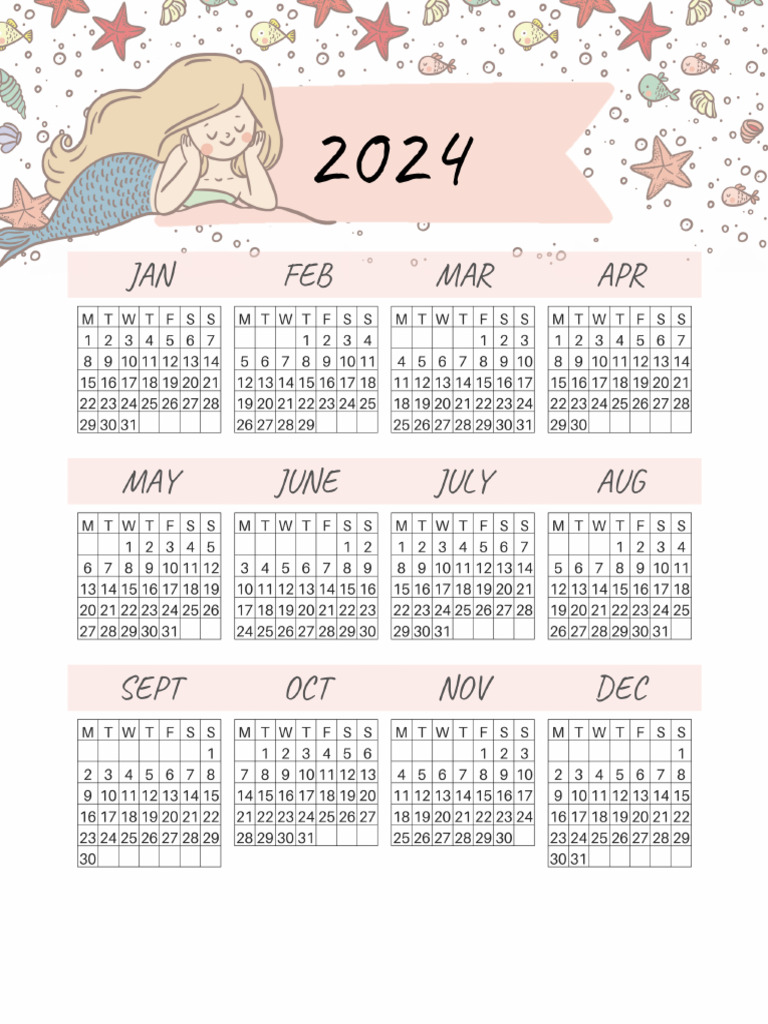 2024 Monday Mermaid Calendar | PDF