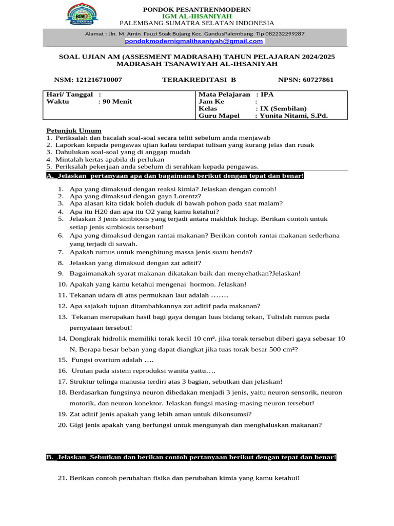Soal Ujian Am Ipa Mts THN 2024-2025 Kls 9 | PDF