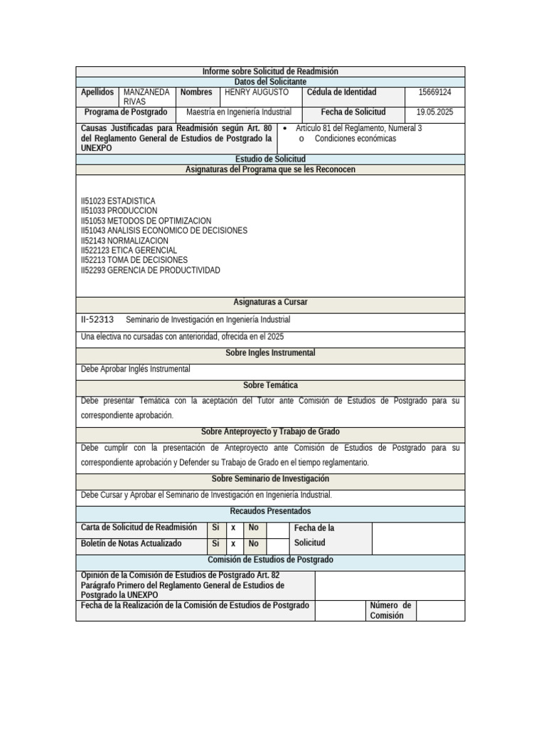 HENRY MANZANEDA Informe Sobre Solicitud de Readmisión | PDF