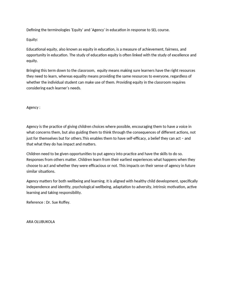 SEL Assignment - Equity and Agency | PDF