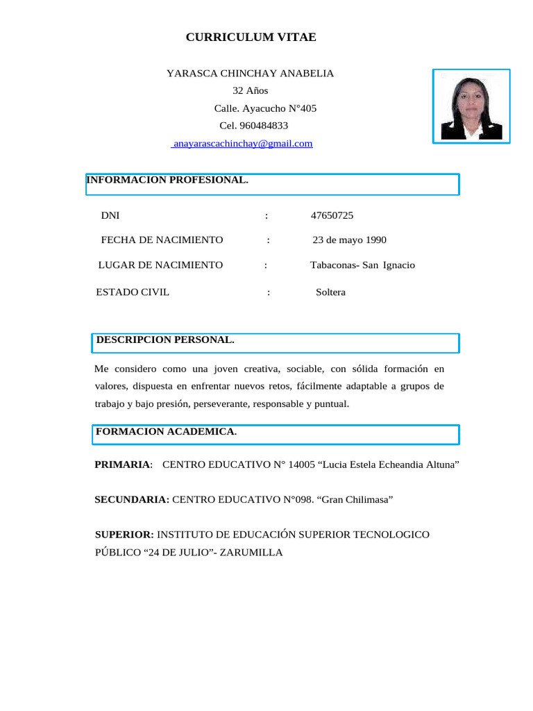 Curriculum Vitae de Anabelia Yarascachinchay | PDF | Plan de estudios