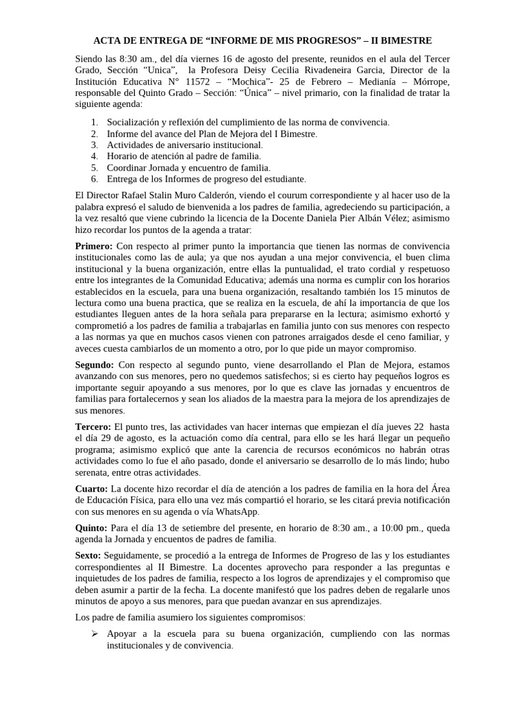 Acta de Entrega de Informes de Progreso | PDF