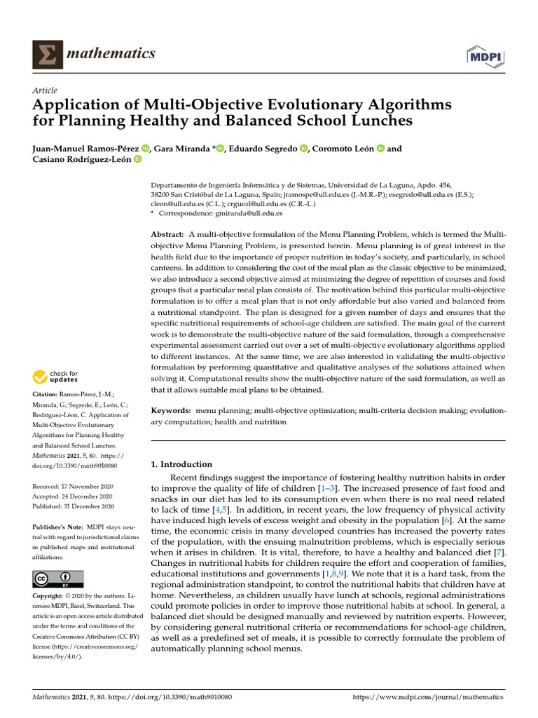 Multi-Objective Algorithms for School Lunches | PDF | Mathematical ...