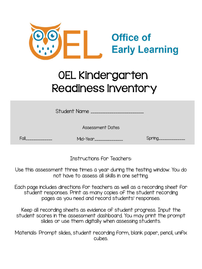 OEL Kindergarten Readiness Inventory - Actual Assessment Package | PDF ...