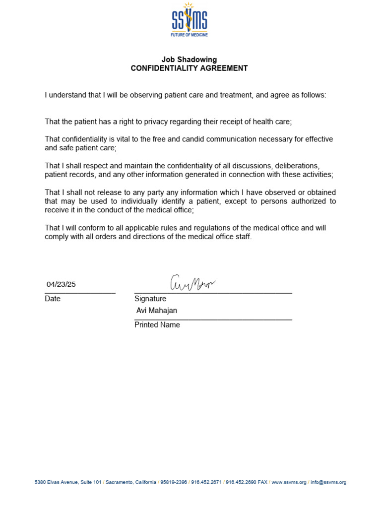 FOM Confidentiality Agreement Job Shadowing | PDF