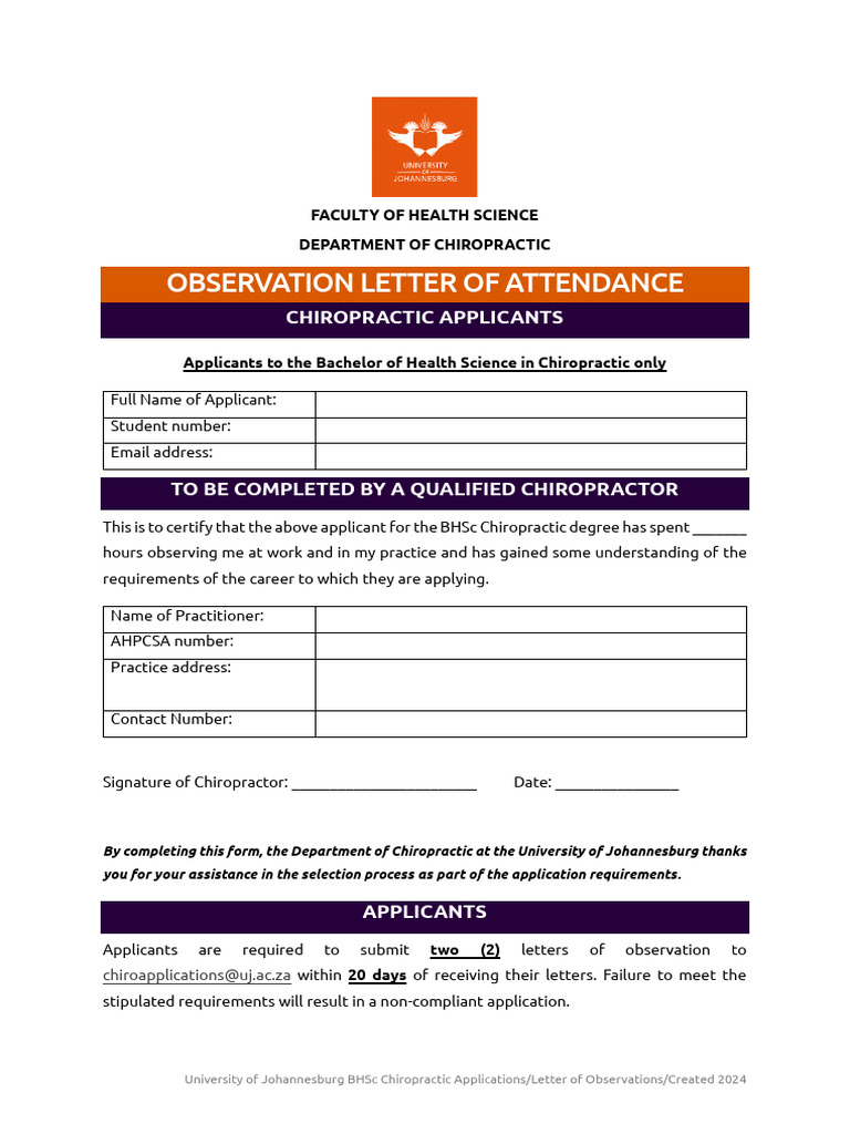 UJ Chiropractic Application Observation Letter | PDF