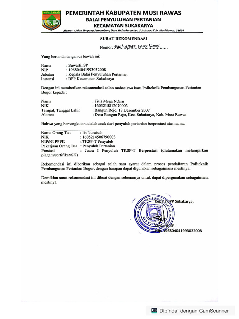 Surat Rekomendasi BPP Kec Sukakarya | PDF