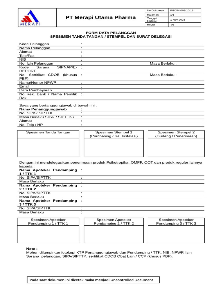 002 Form Data Pelanggan, Spesimen TT & Surat Delegasi Rev 03 | PDF