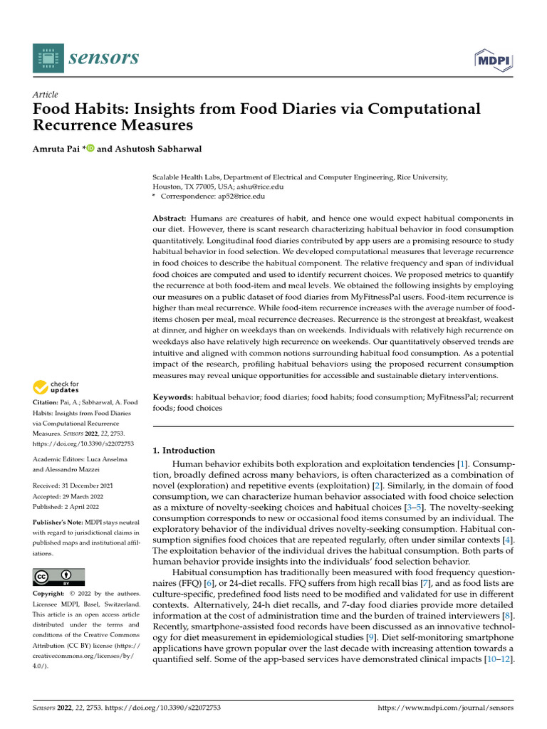 Food Habits Insights From Food Diaries Via Computa | PDF | Behavior | Meal
