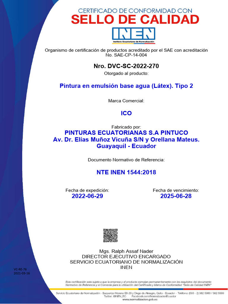 Certificado Sello de Calidad INEN - ICO Tipo 2 | PDF