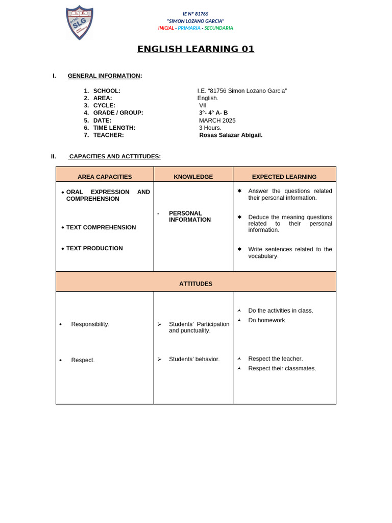Lesson 1st Personal Information | PDF | Psychological Concepts ...