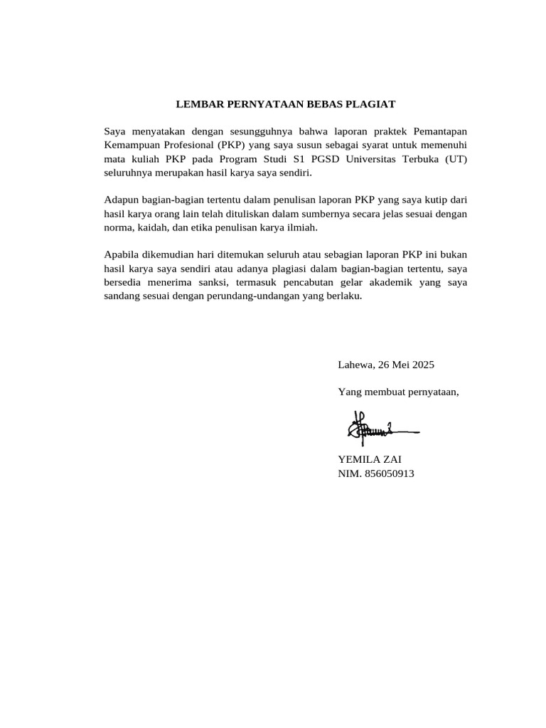 Lembar Pernyataan Bebas Plagiat | PDF