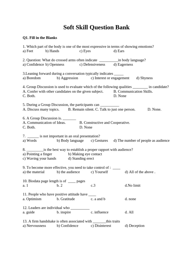 Soft Skills Question Bank for Assessment | PDF | Body Language ...