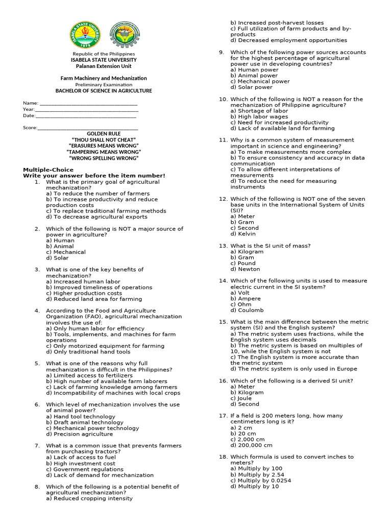 Prelim Exam Basic Farm Mech | PDF | Internal Combustion Engine | Engines