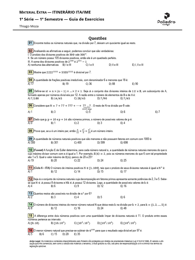Prova02 GuiaExercicios ItinerarioITAIME EM1 | PDF | Número inteiro | Número primo
