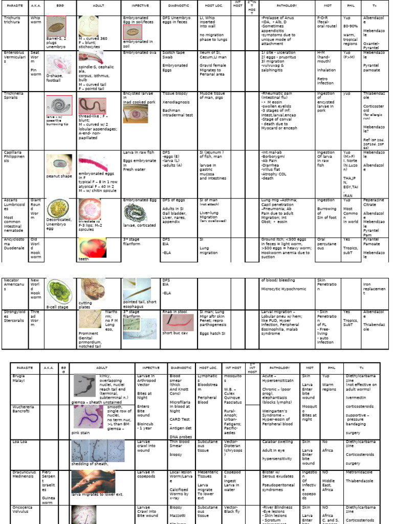 Parasitology Tables | PDF | Medical Specialties