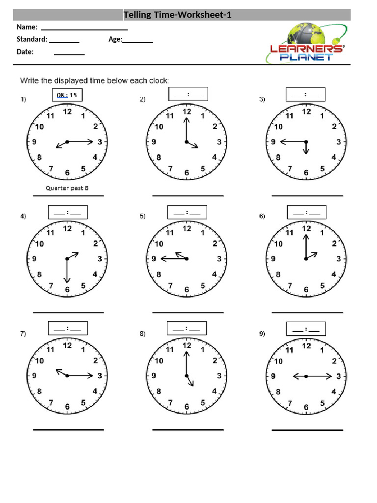 WS 1 Math Telling Time | PDF